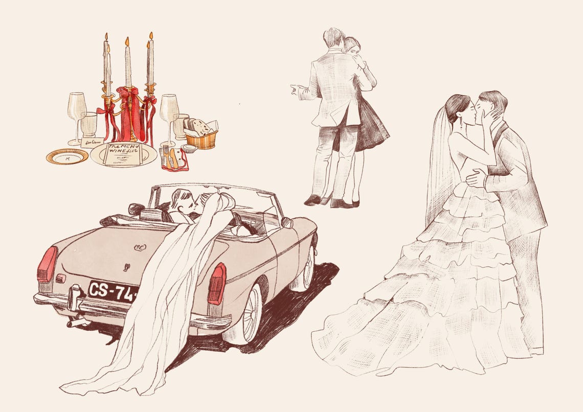 French Wedding Clipart Set | Red & Ivory Watercolor Wedding Graphics ...