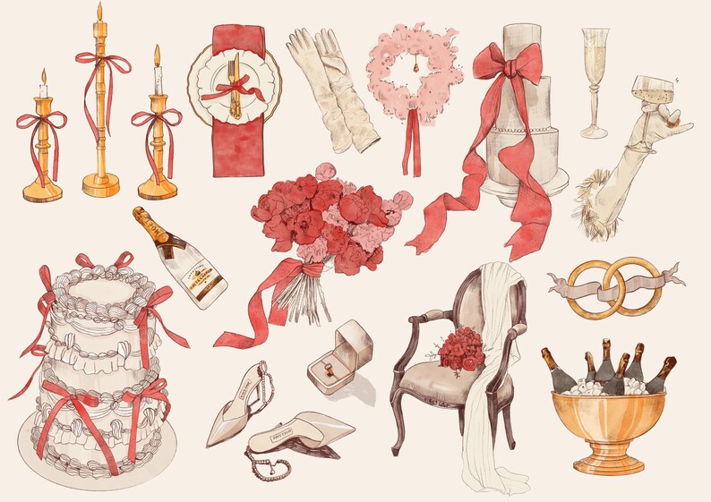 French Wedding Clipart Set | Red & Ivory Watercolor Wedding Graphics ...