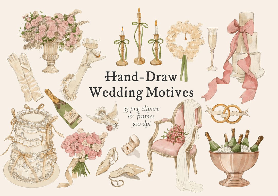 Vintage Wedding Clipart Set, French Wedding Elements, Hand-drawn ...