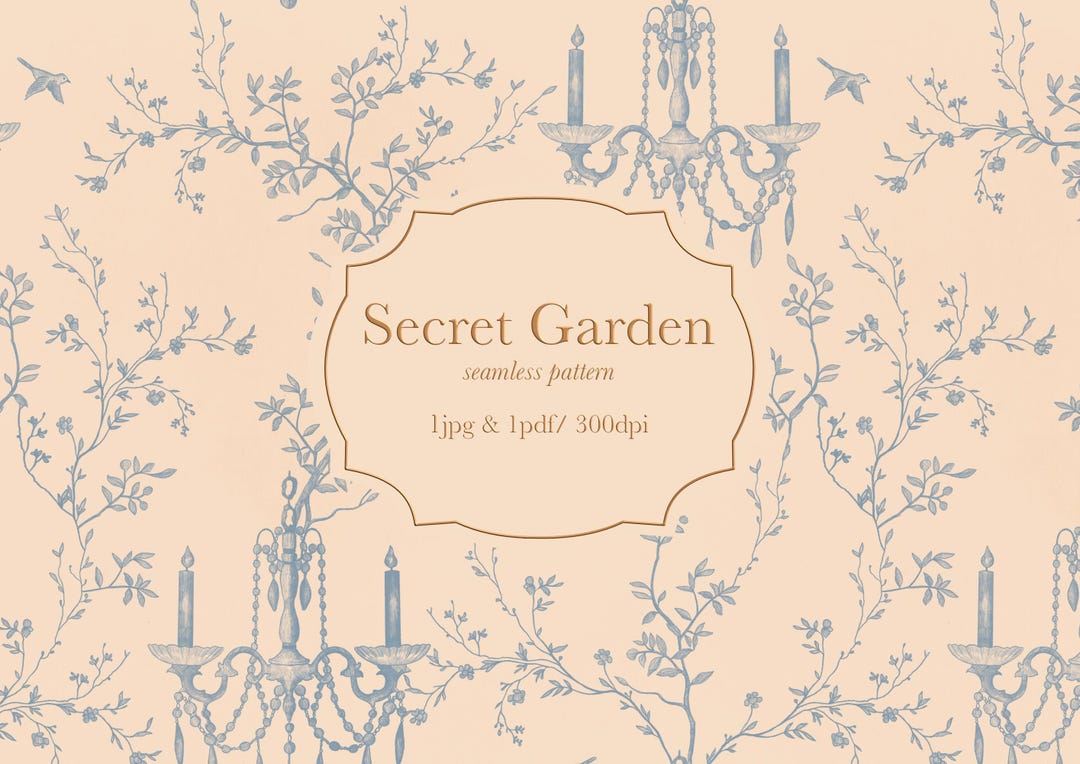 Secret Garden Seamless Pattern, French Blue Toile, Vintage Floral, Bird ...