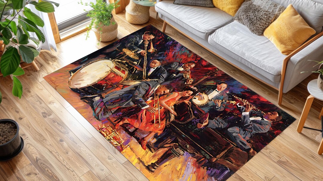 Jazz Band Rug, Vintage Musician Carpet, Colorful Orchestra Art Round ...