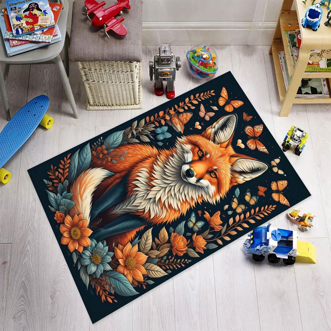 Fox Print Rug, Bamboo Rug,personalized Woodland Fox Area Rug for Living ...