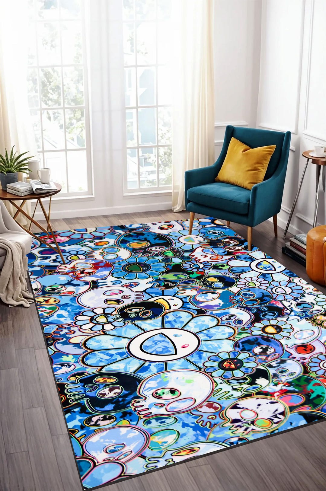 Flower Art by Takashi Murakami, Bamboo Rug, Living Room Rug, Flower Art ...