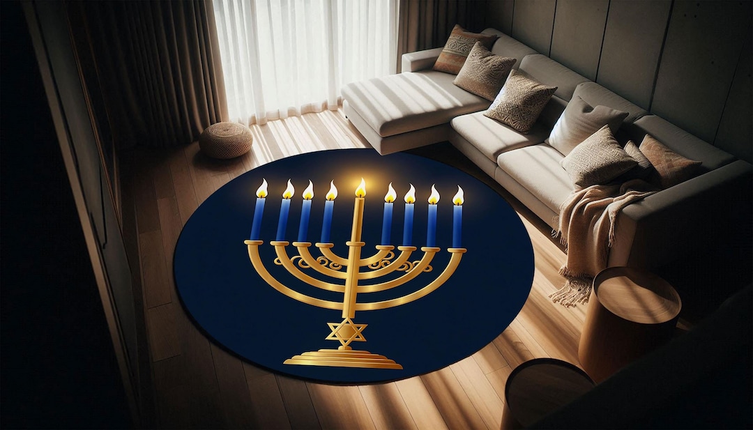 Round Jewish Prayer Rug: Menorah Design, Personalized Hebrew Gift - Etsy