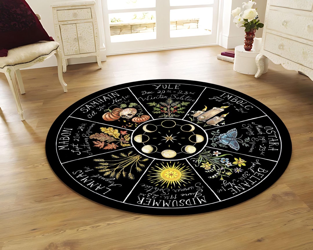 Round Wiccan Calendar Rug, Wheel of the Year Zodiac and Moon Phases ...