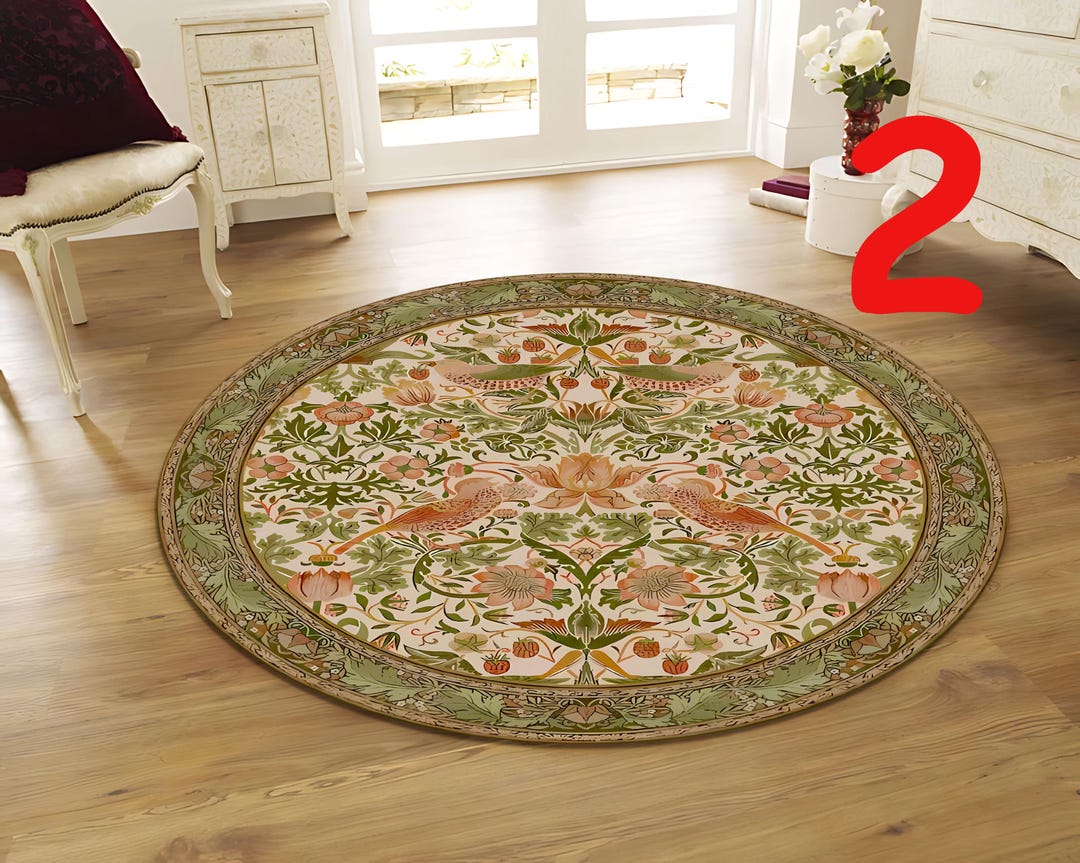 William Morris Strawberry Thief Round Rug: Antique Victorian Floral ...
