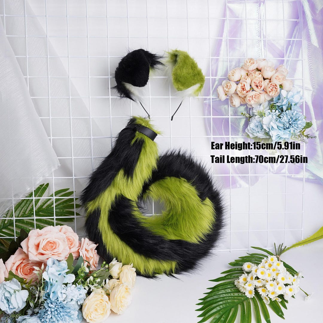 Kemonomimi,flully Faux Fur Dog Ears & Tail Set - Black Lime Green ...