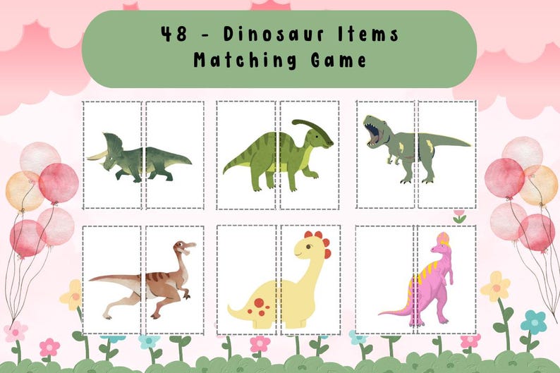 Printable Dinosaur Matching Game for Kids - 48 Cards - Fun Educational ...