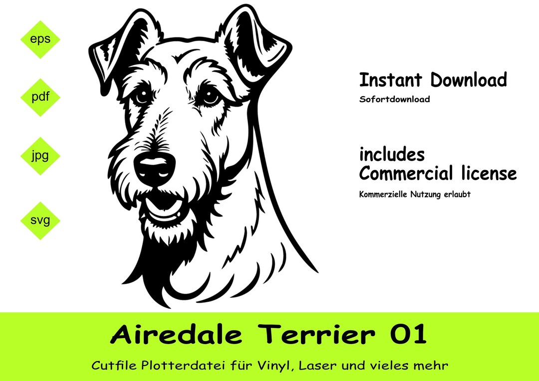 Airedale Terrier Portrait Cutfile Svg Clipart Black Vector Graphic Art ...