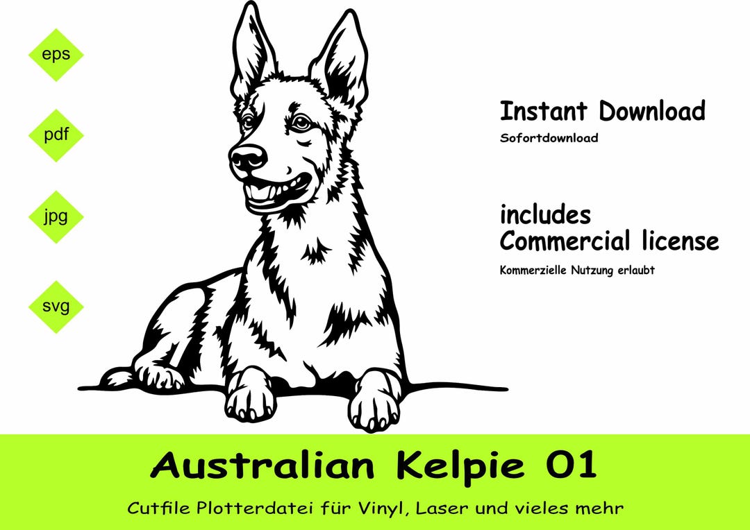 Australian Kelpie 01 Portrait Cutfile Svg Clipart Black Vector Graphic ...