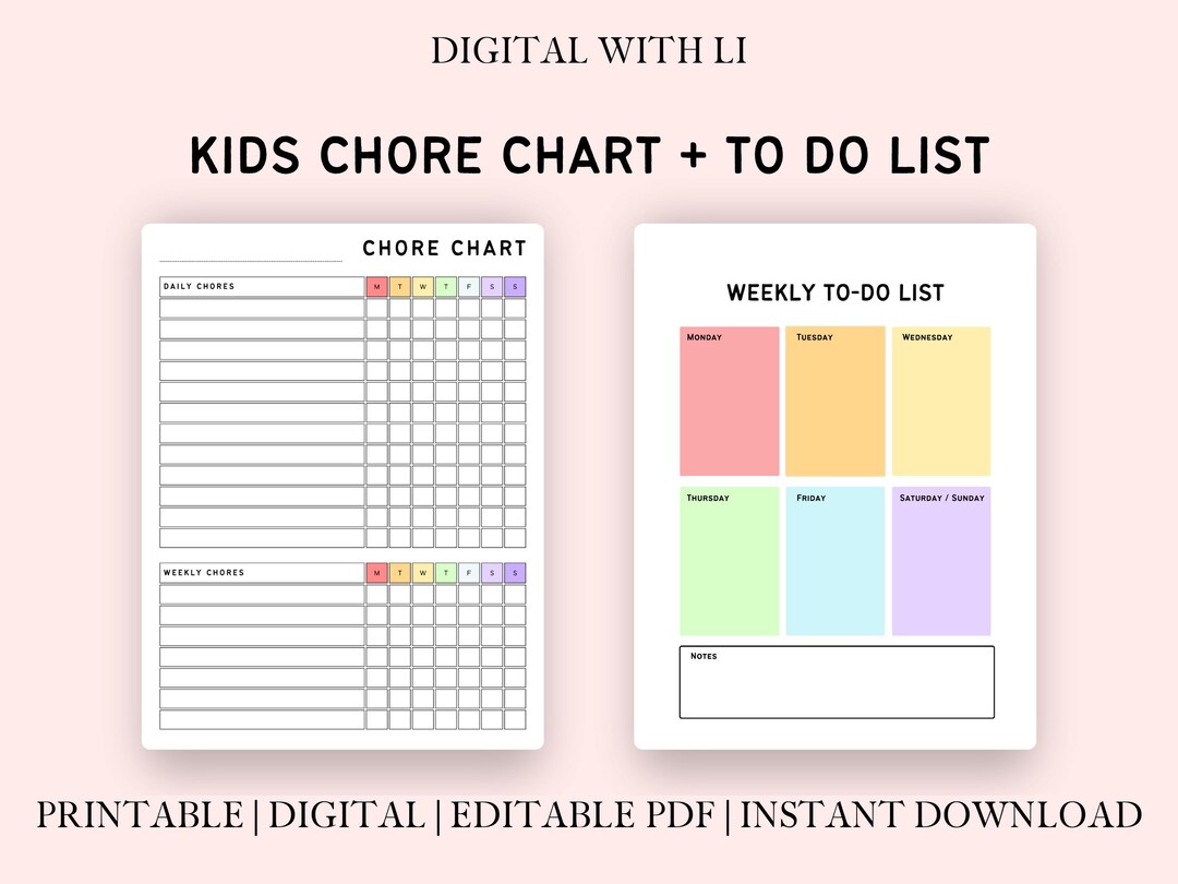 Editable Chore Chart for Kids Printable Kids Daily Weekly ...