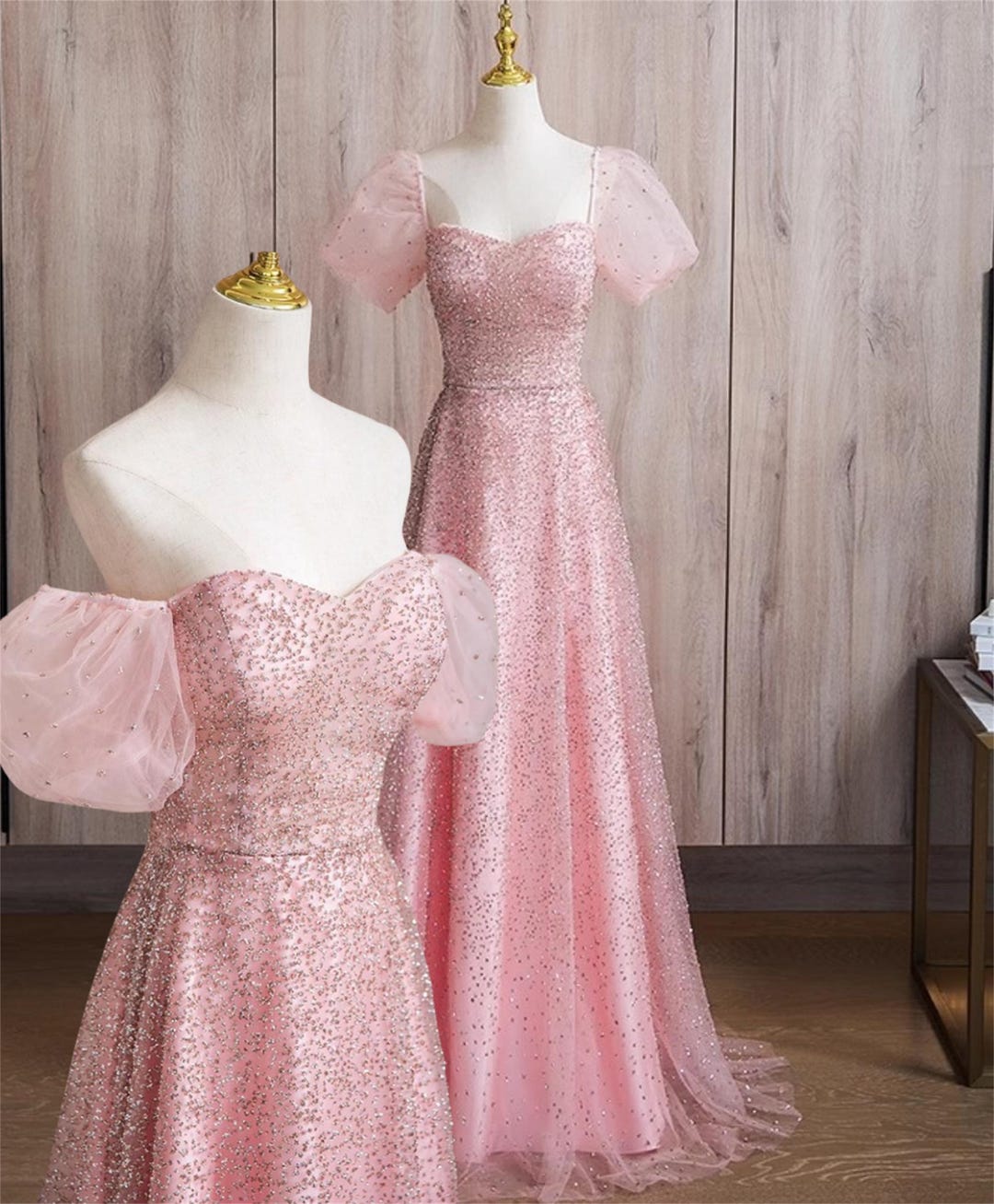 Pink Glitter Prom Dress Puff Sleeves Sweetheart Gown Celestial Organza ...
