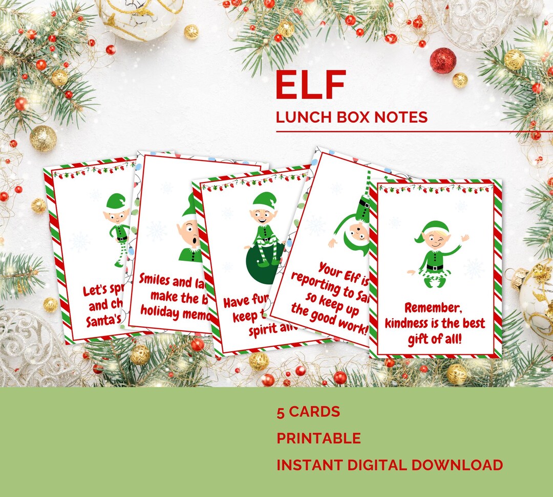 5 Christmas Elf Lunch Box Cards Eleven Notes Eleven Printable Eleven ...