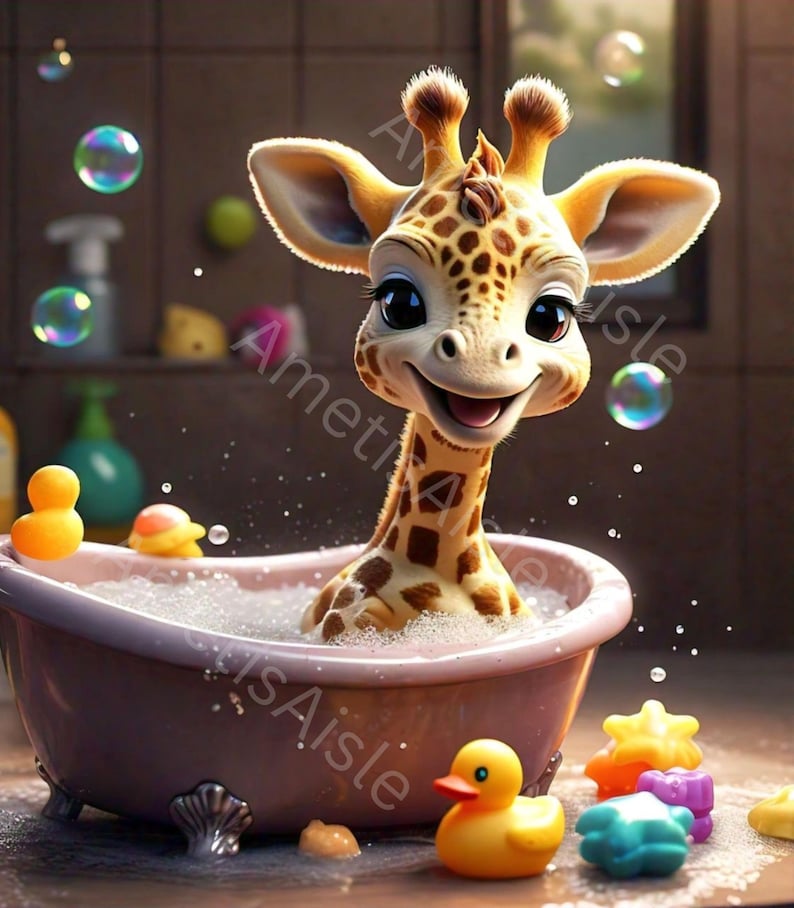 Adorable Baby Giraffe Bath Time Print – Cute Nursery Wall Art for Kids ...