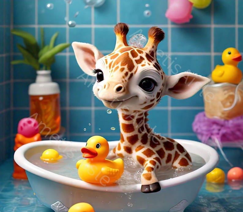 Adorable Baby Giraffe Bath Time Print – Cute Nursery Wall Art for Kids ...