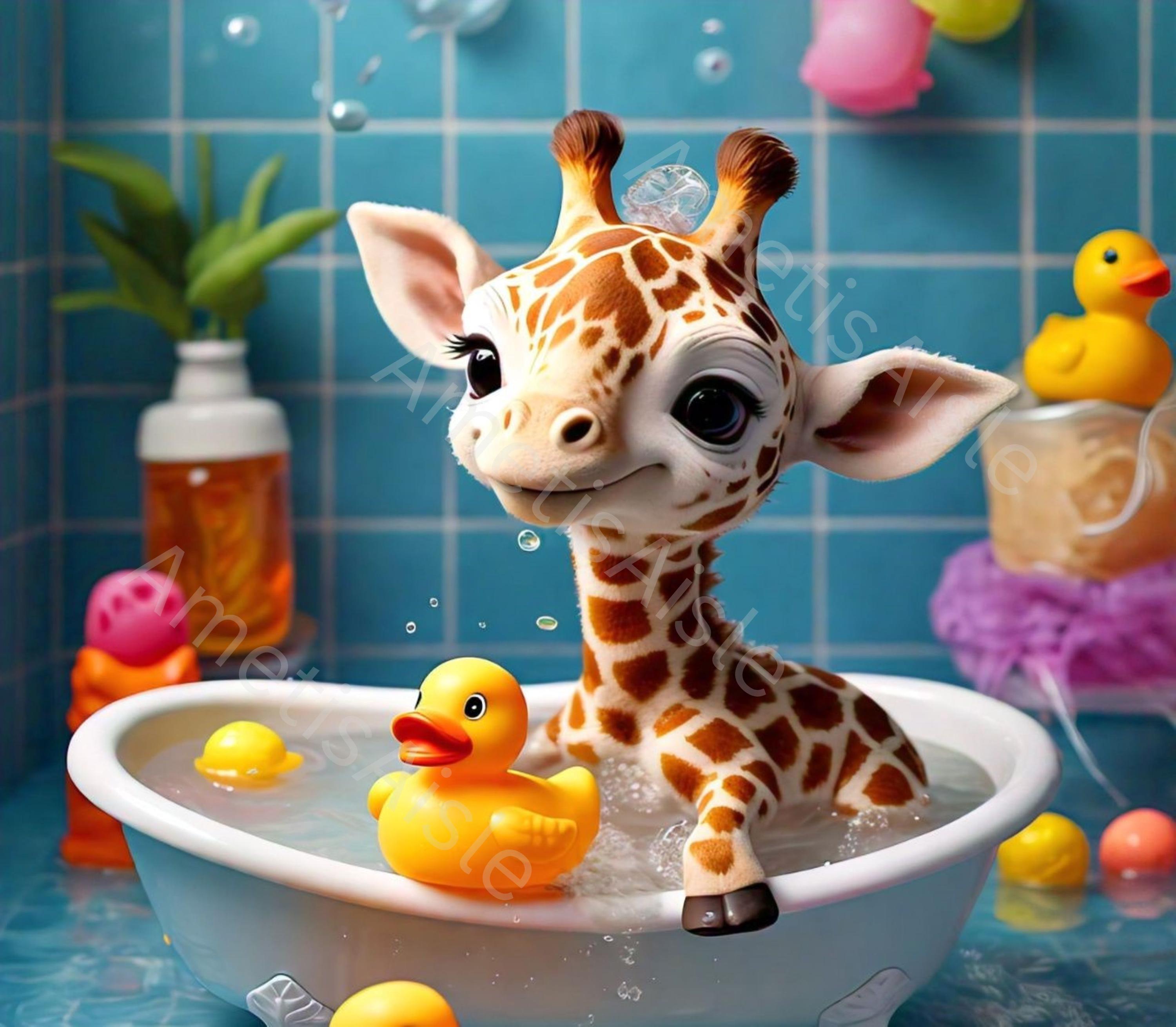 Adorable Baby Giraffe Bath Time Print – Cute Nursery Wall Art for Kids ...