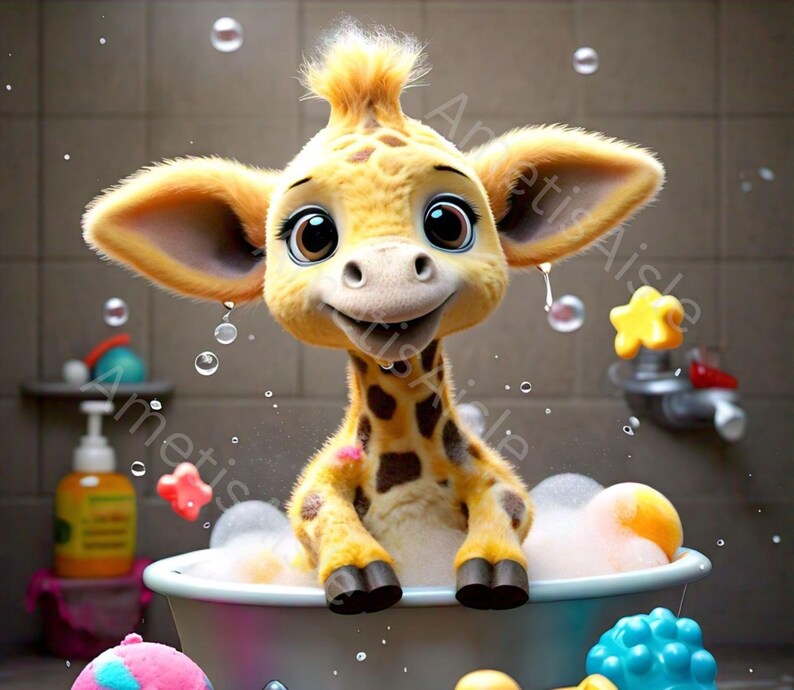 Adorable Baby Giraffe Bath Time Print – Cute Nursery Wall Art for Kids ...