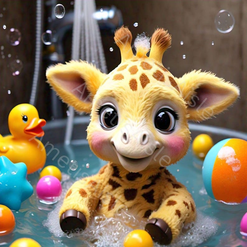 Adorable Baby Giraffe Bath Time Print – Cute Nursery Wall Art for Kids ...