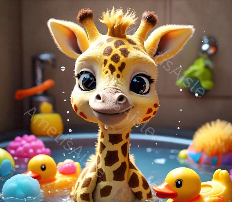 Adorable Baby Giraffe Bath Time Print – Cute Nursery Wall Art for Kids ...