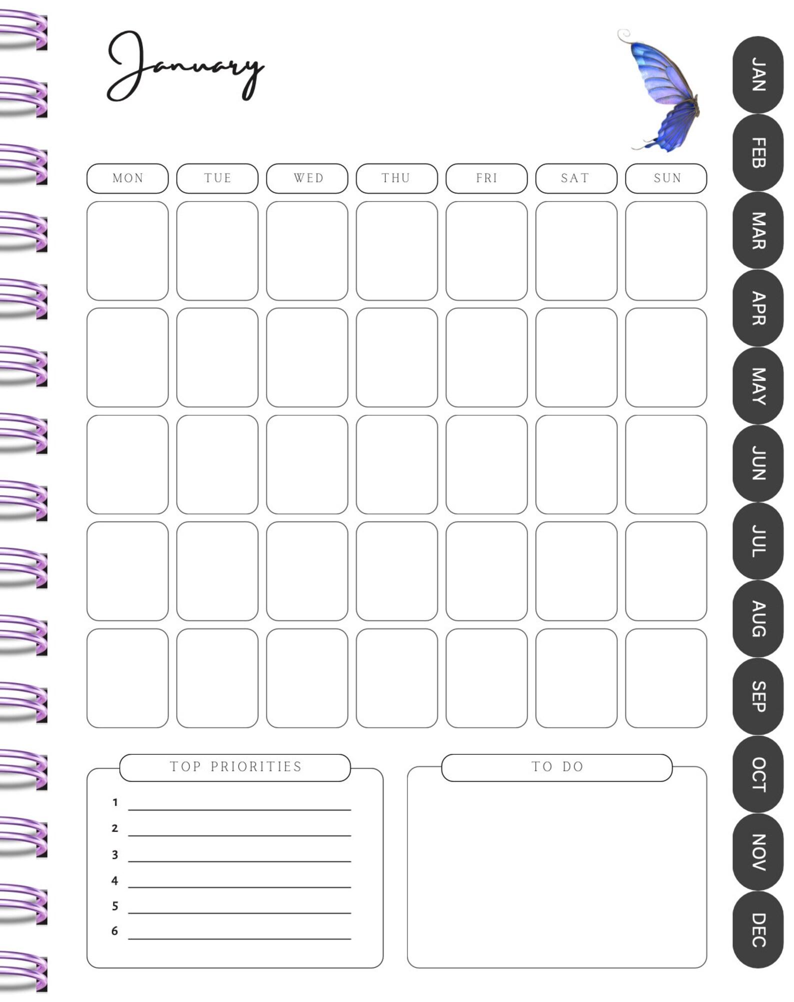 UNDATED Monthly Calendar, Butterfly, Notes - Etsy