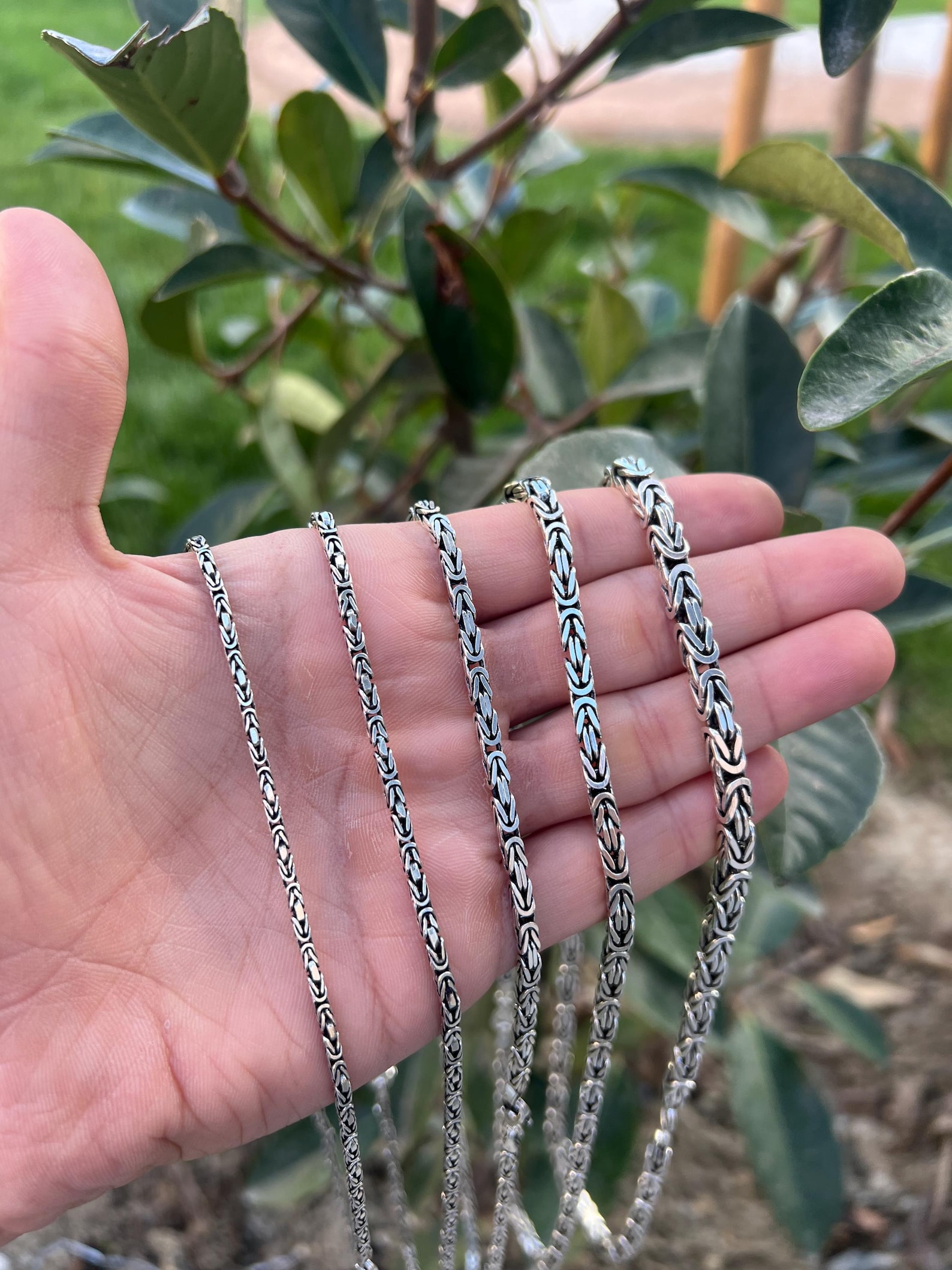 925 Sterling Silver Byzantine Chain Necklace & Bracelet, Square Bali ...