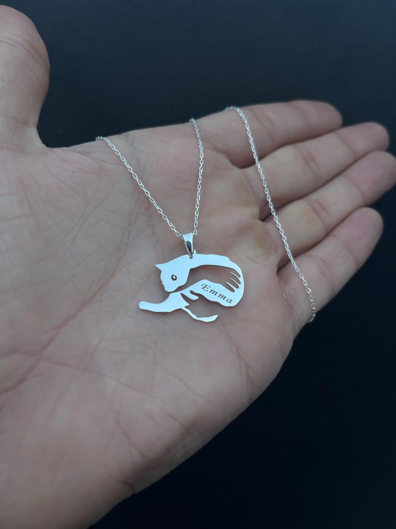 Personalized Hugging Cat Necklace, Custom Name Necklace, Dainty Cat ...
