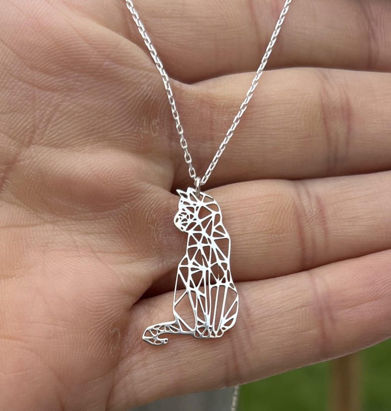 Dainty Origami Cat Necklace, Geometric Animal Necklace, 925 Sterling ...