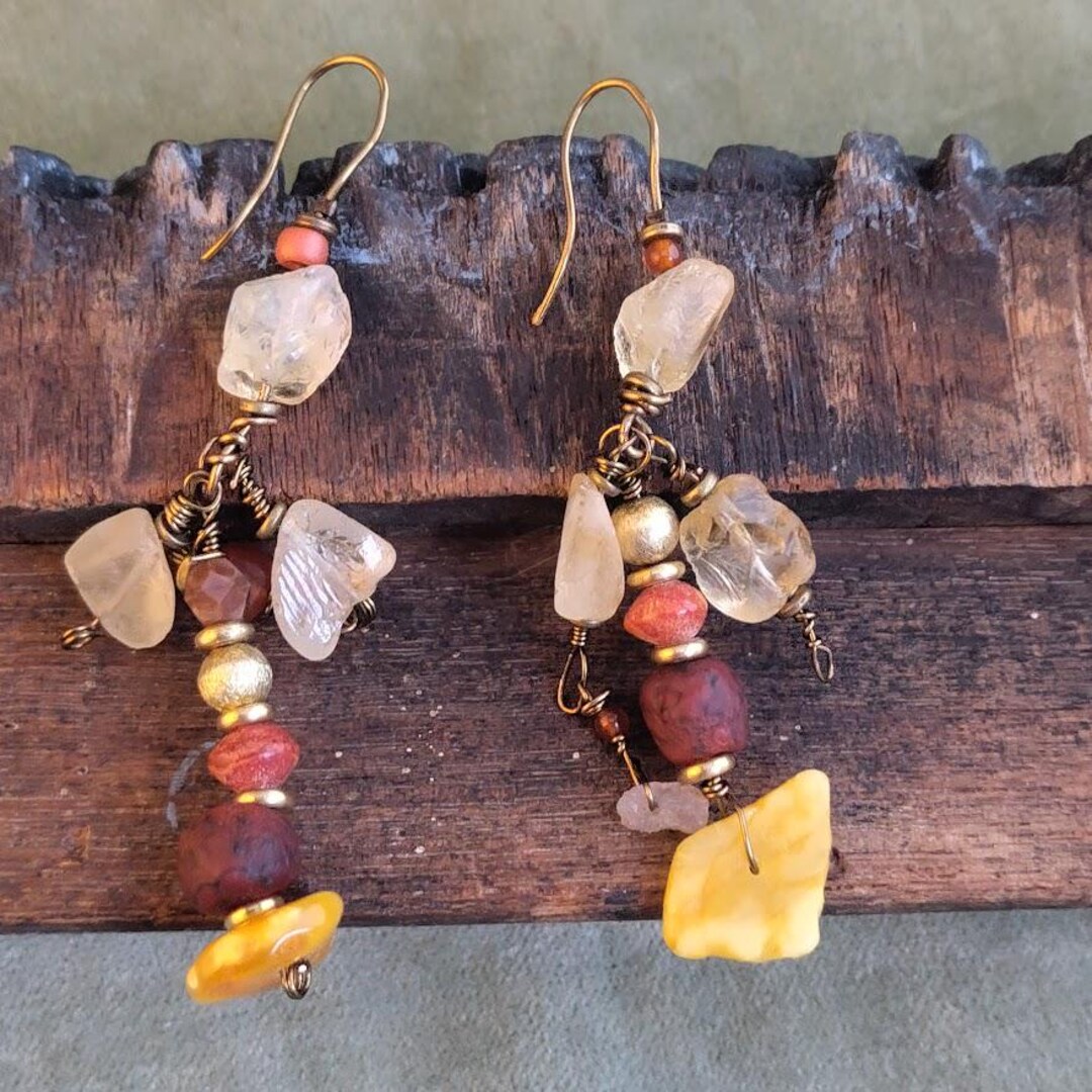 Oorbellen Met Ruwe Citrien, Barnsteen, Afrikaanse Glazen Kraal, Koraal ...