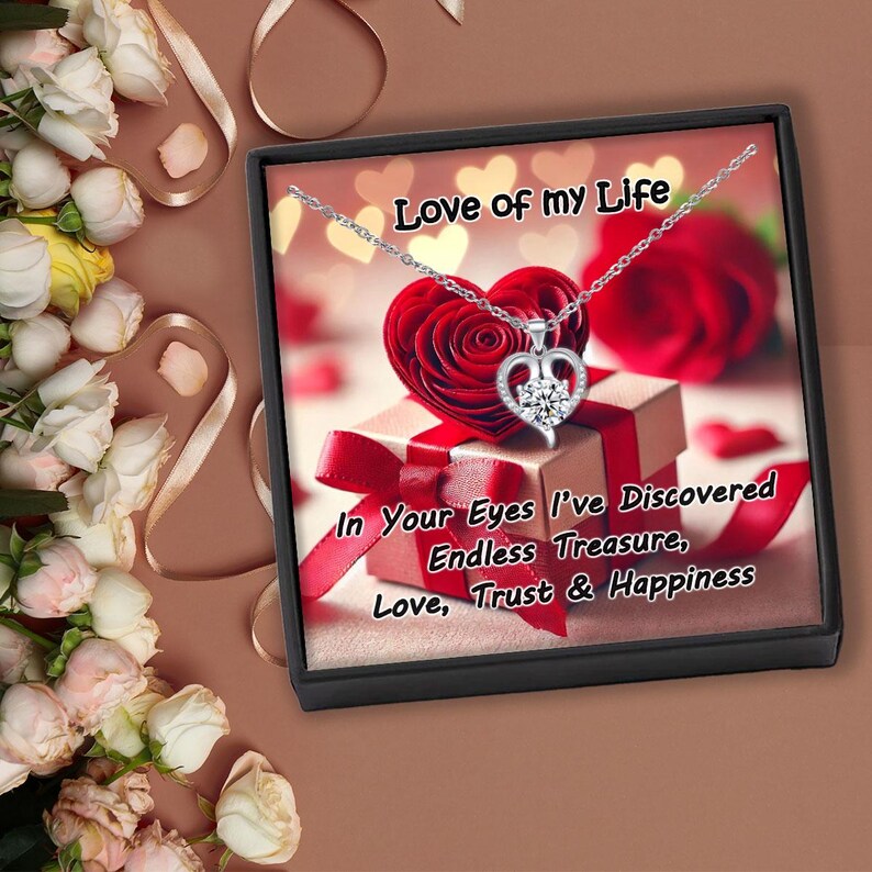 Love of My Life Crystal Heart Necklace Personalised Message Cards ...