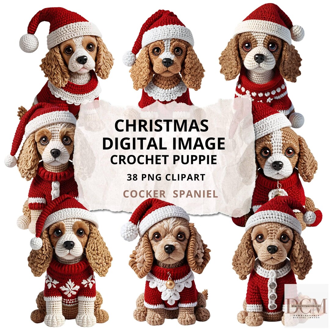 Crochet Cocker Spaniel Puppies Clipart, Christmas Dog PNG, Festive ...