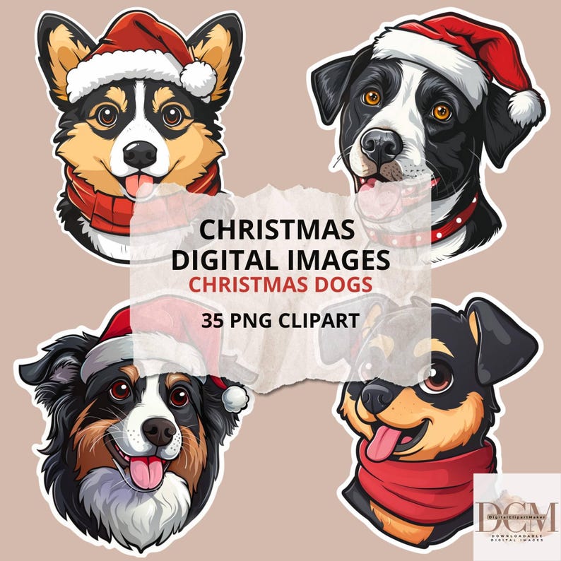Christmas Dogs Clipart - 35 Digital Images With White Borders Perfect ...
