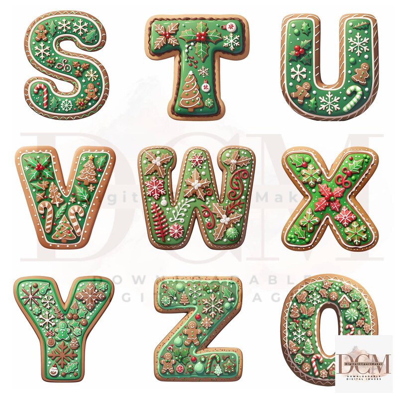 Green Gingerbread Christmas Clipart – Alphabet & Numbers (digital ...