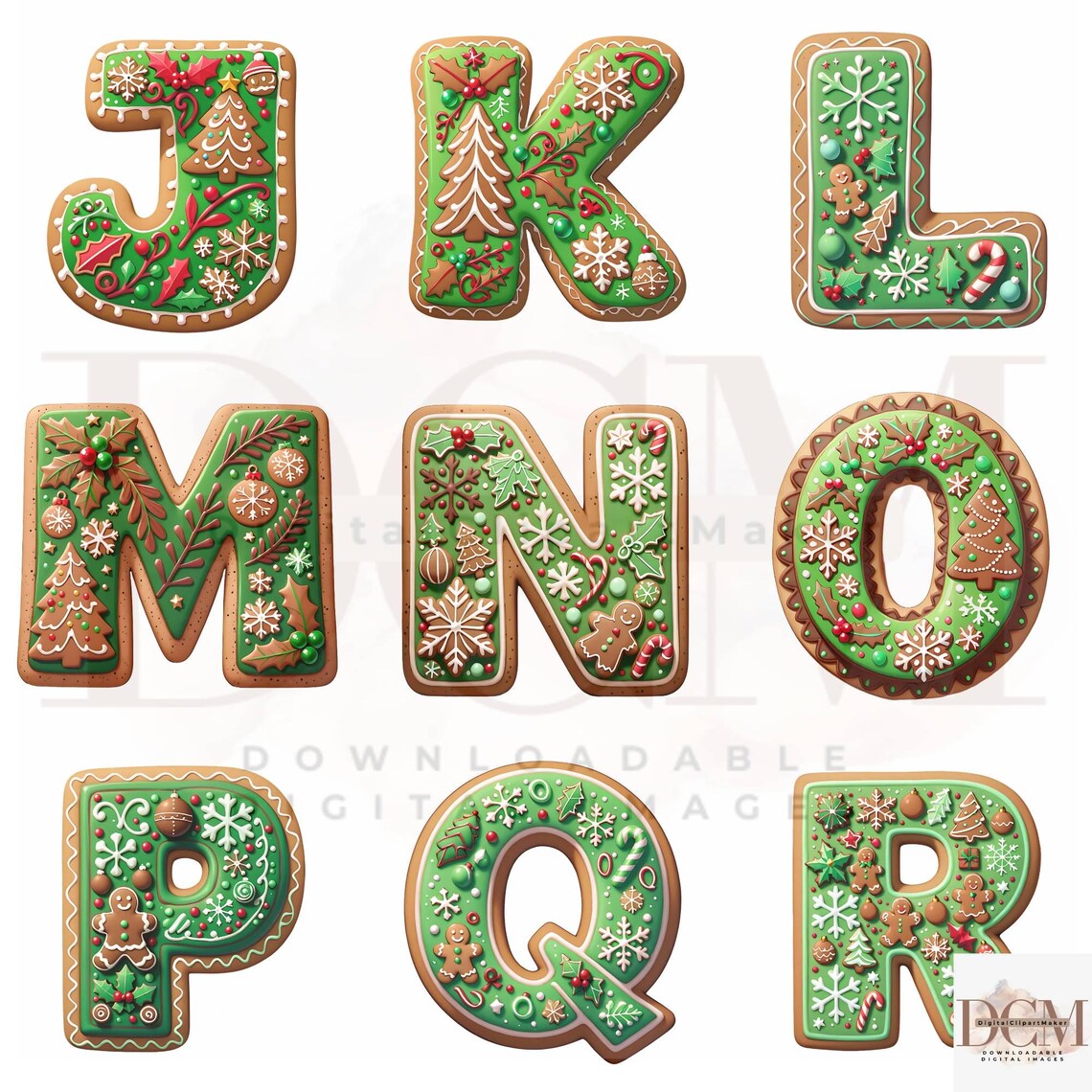 Green Gingerbread Christmas Clipart – Alphabet & Numbers (digital ...