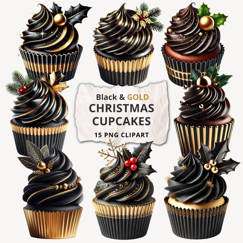 Black and Gold Christmas Cupcakes Clipart - Elegant Holiday Digital ...