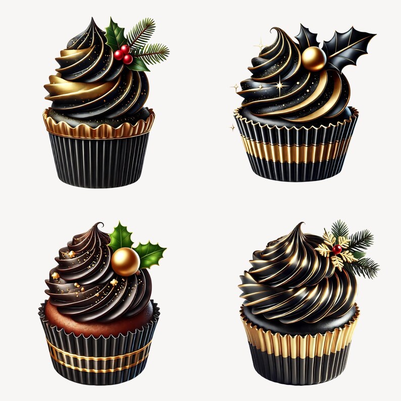 Black and Gold Christmas Cupcakes Clipart - Elegant Holiday Digital ...