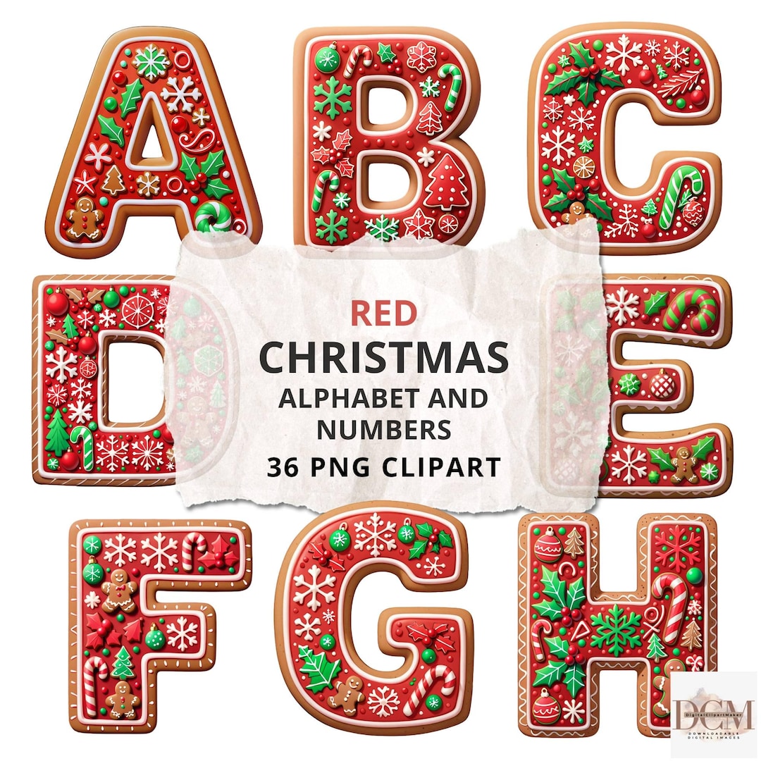 Gingerbread Alphabet and Numbers Clipart, 36 Digital Images, Red Icing ...