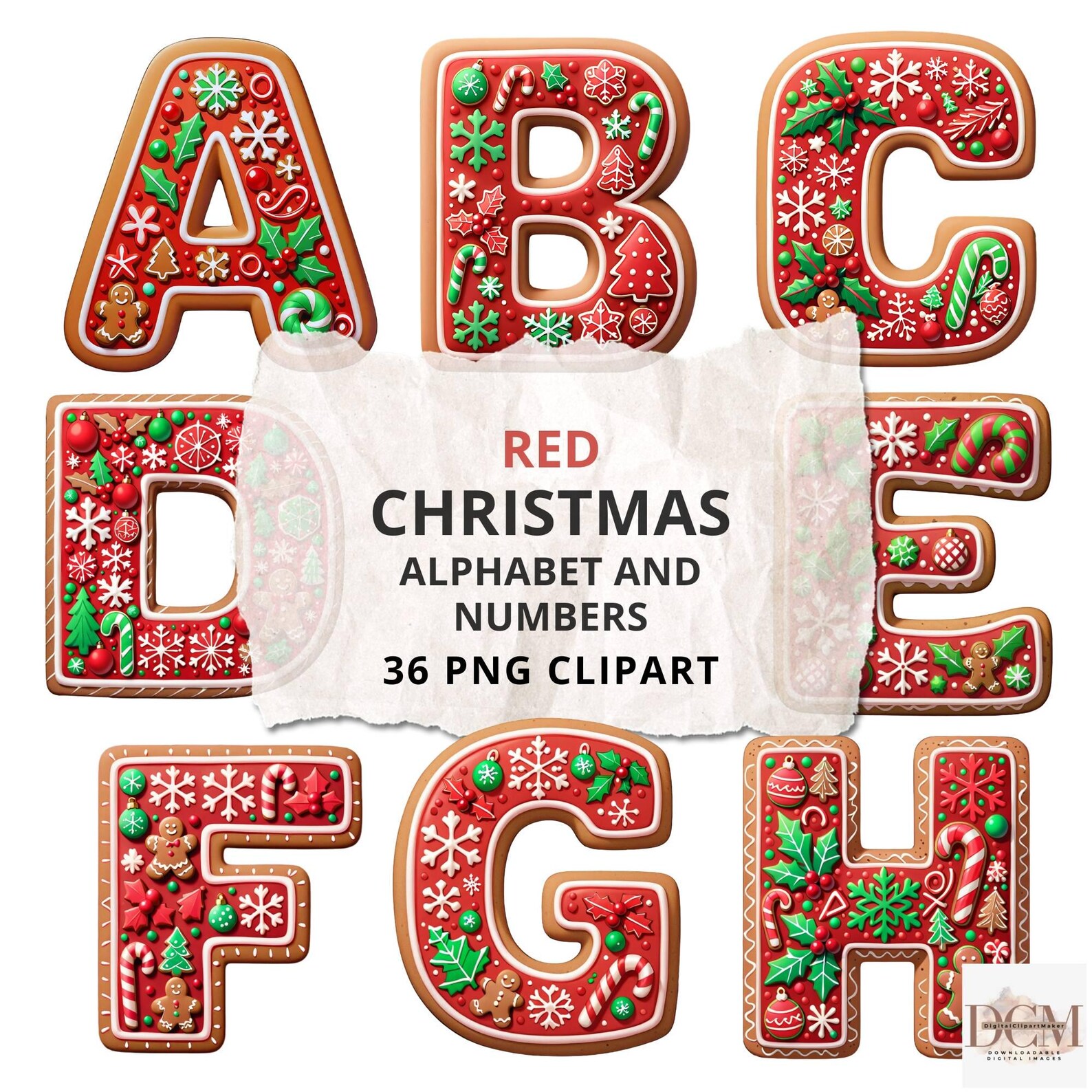 Gingerbread Alphabet Numbers Clipart, Red Icing Christmas Cookies ...