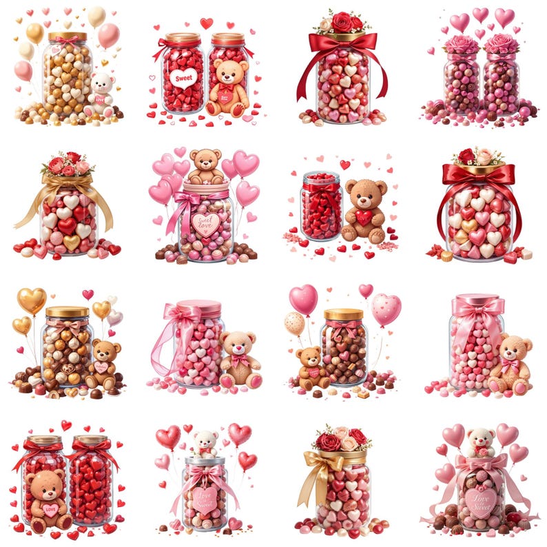 Valentine's Day Glass Jars With Candy and Teddy Bears - Digital Clipart ...