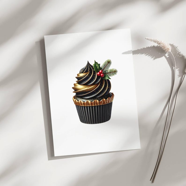 Black and Gold Christmas Cupcakes Clipart - Elegant Holiday Digital ...