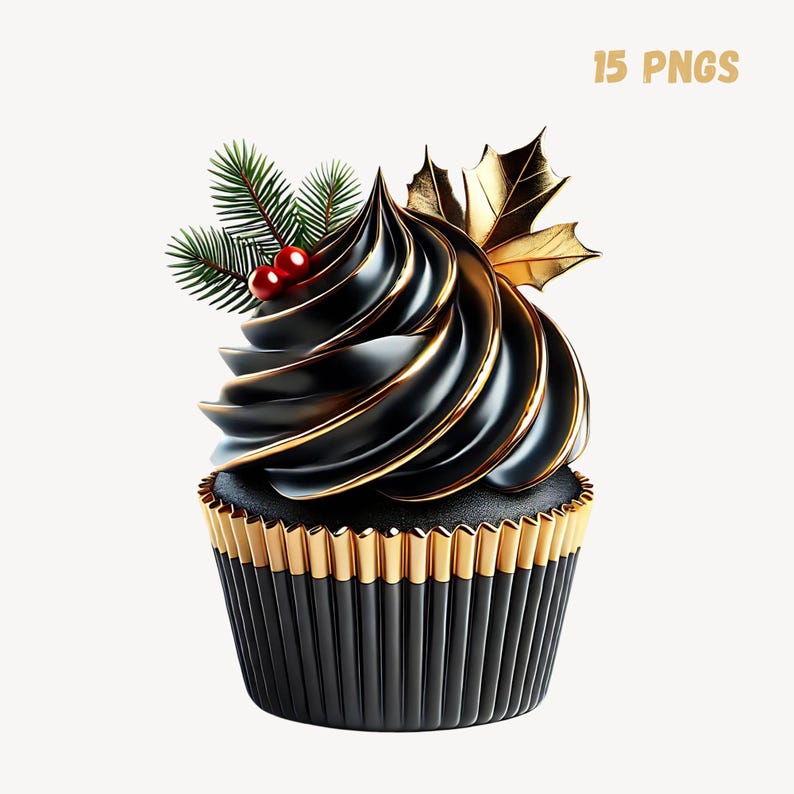 Black and Gold Christmas Cupcakes Clipart - Elegant Holiday Digital ...