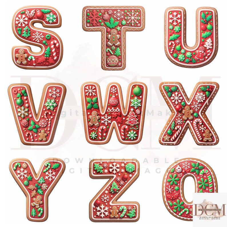 Gingerbread Alphabet Numbers Clipart, Red Icing Christmas Cookies ...