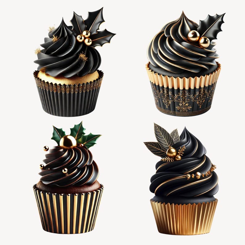 Black and Gold Christmas Cupcakes Clipart - Elegant Holiday Digital ...