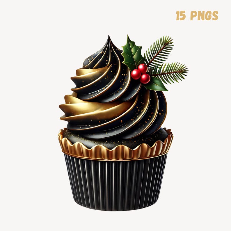 Black and Gold Christmas Cupcakes Clipart - Elegant Holiday Digital ...