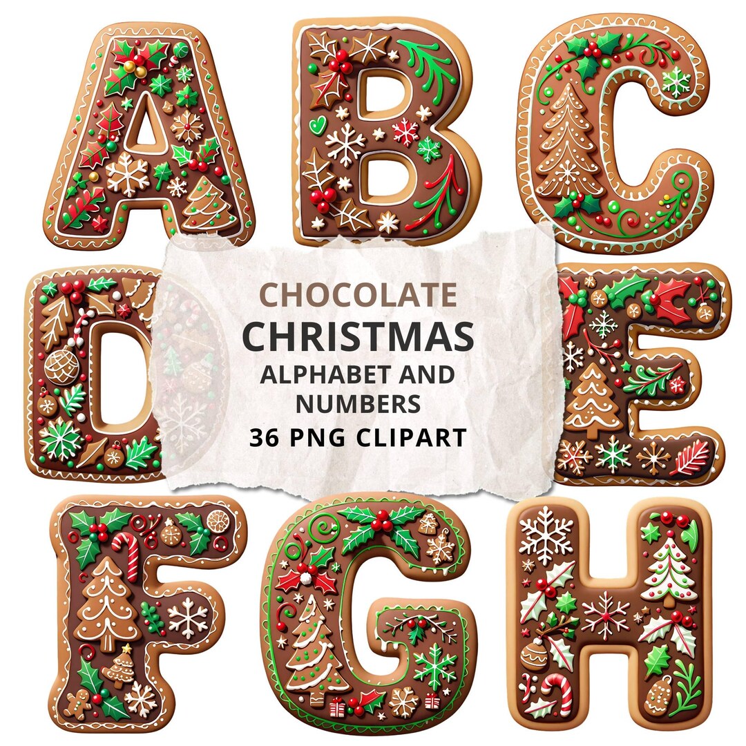 Chocolate Gingerbread Alphabet & Numbers - Christmas Cookie Clipart Set ...
