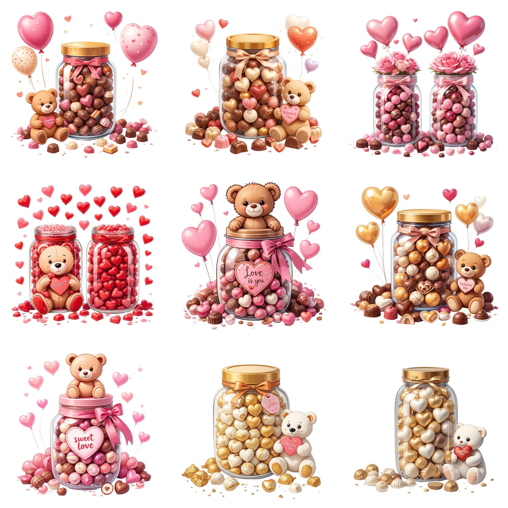 Valentine's Day Glass Jars With Candy and Teddy Bears - Digital Clipart ...