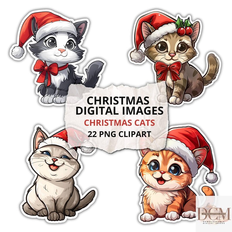 Christmas Cats Clipart - 22 Digital Images With White Borders Perfect ...