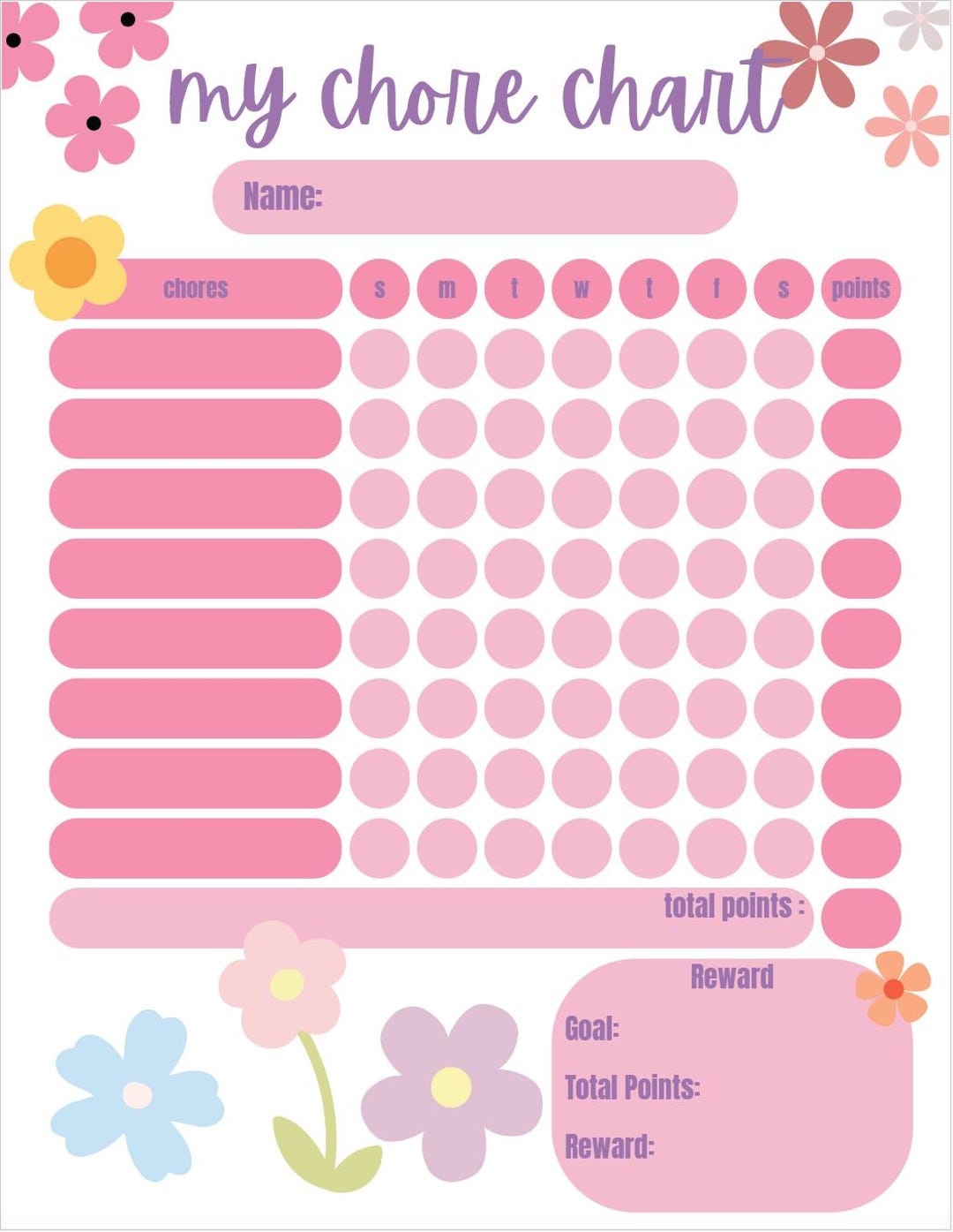 Printable Flower-themed Chore Chart | Fun Responsibility Chart for Kids ...