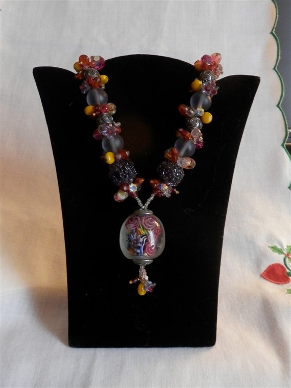 Blown Glass Floral Focal Bead Necklace - OOAK - Gem