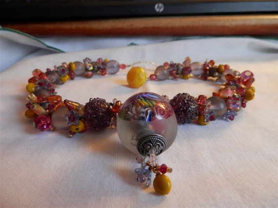 Blown Glass Floral Focal Bead Necklace - OOAK - Gem