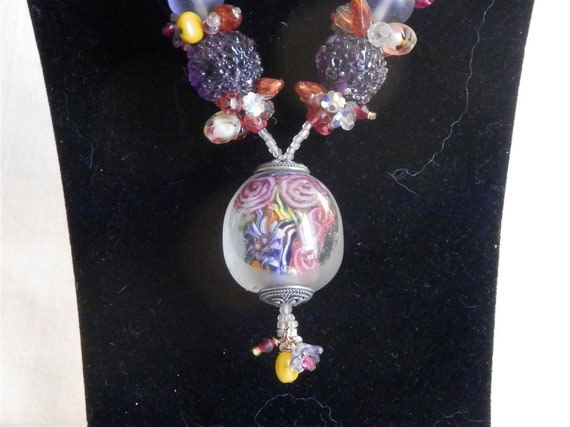 Blown Glass Floral Focal Bead Necklace - OOAK - Gem